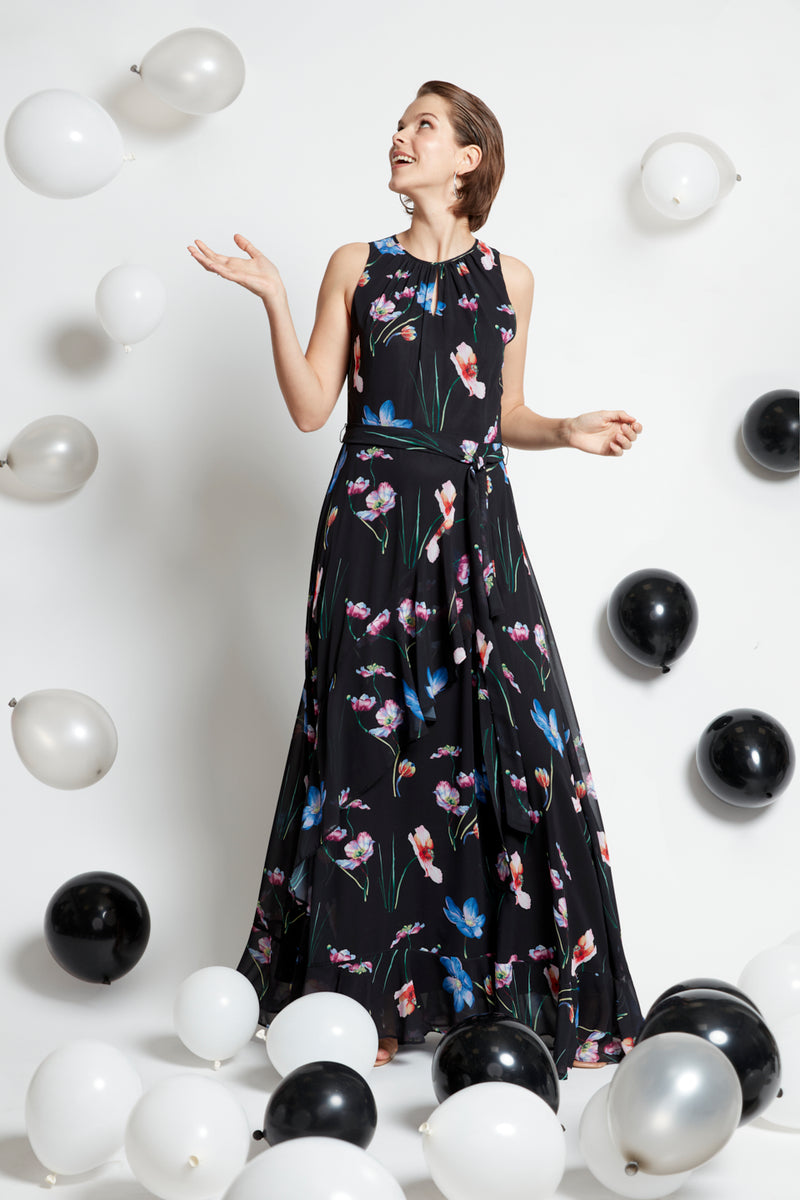 Compli K Noir sleeveless floral dress with ruffle details – Boutique V ...